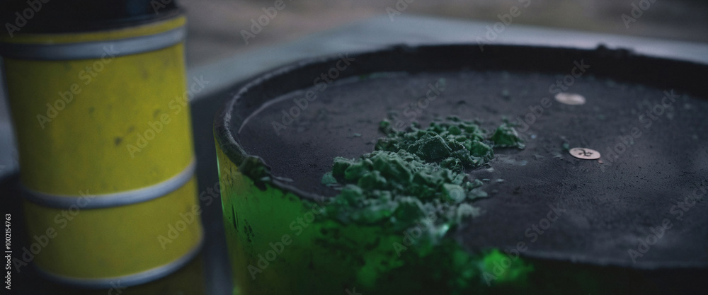 Green Crystals Hazardous Waste Spill Close Up Water full of toxic ...