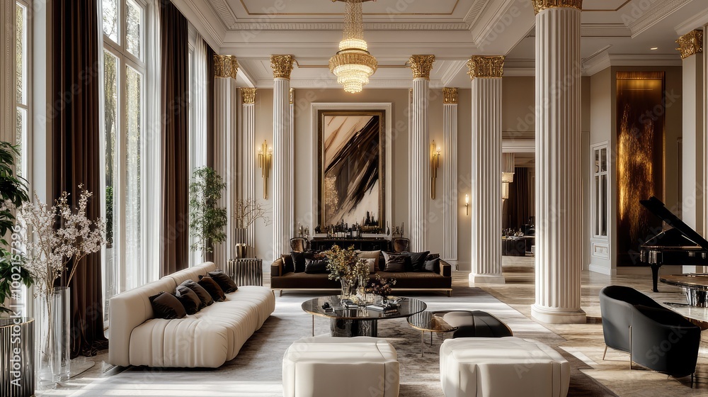Elegant neoclassical living room with grand columns, opulent chandeliers, and luxurious seating ...