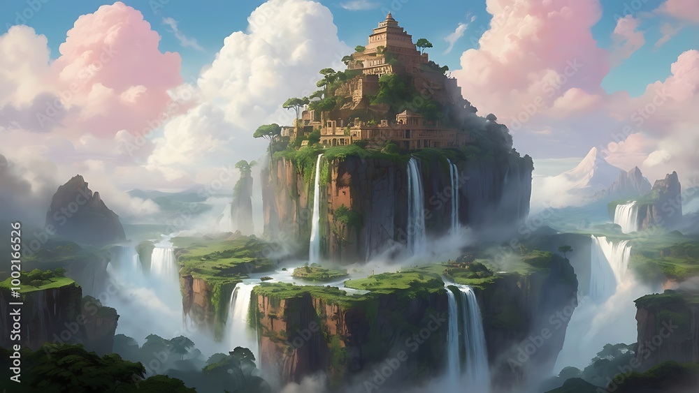 Giant floating islands with waterfalls cascading into the clouds, lush ...