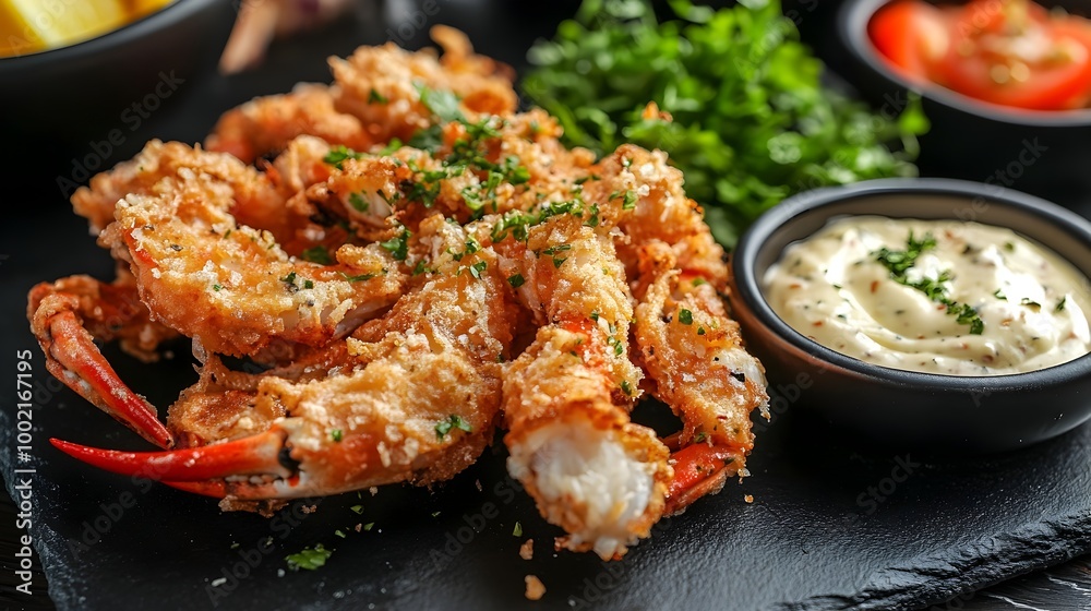 Crispy Soft Shell Crab Dish Served on Elegant Black Plate with Tangy ...