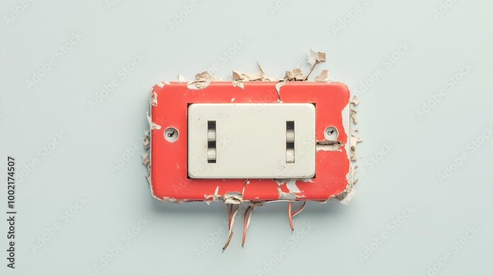 Broken light switch with cracked cover and exposed wires isolated on a ...
