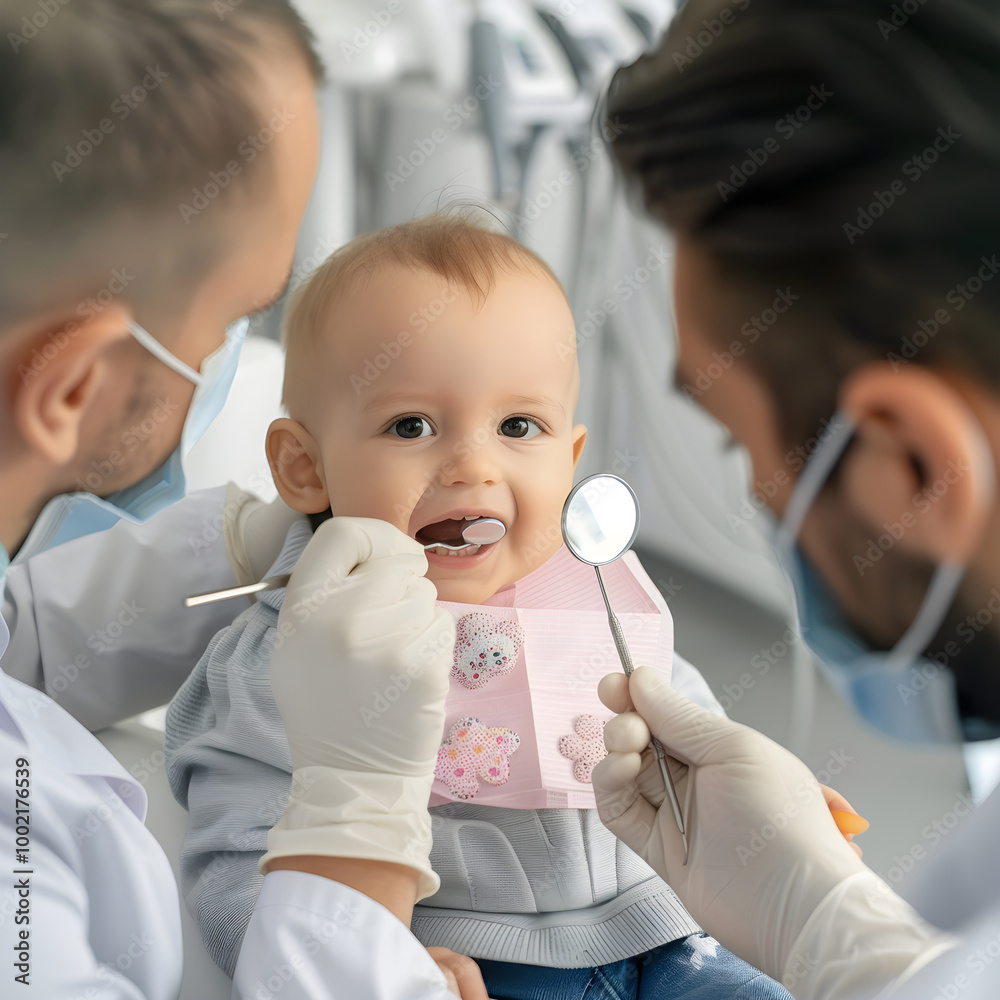 Professional dentist examining baby girl's teeth with dental mirror and ...