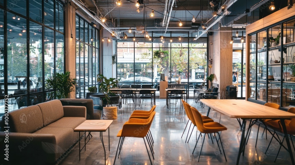 A modern coworking space with glass walls, communal tables, and a mix ...