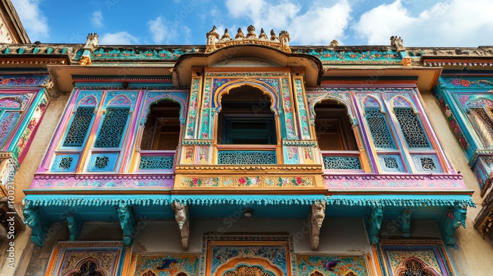 Traditional Indian Haveli with a colorful, ornate facade, reflecting ...