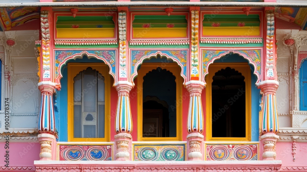 Traditional Indian Haveli with a colorful, ornate facade, reflecting ...