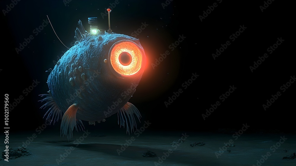 Close up of an anglerfish with its glowing lure illuminating the dark ...