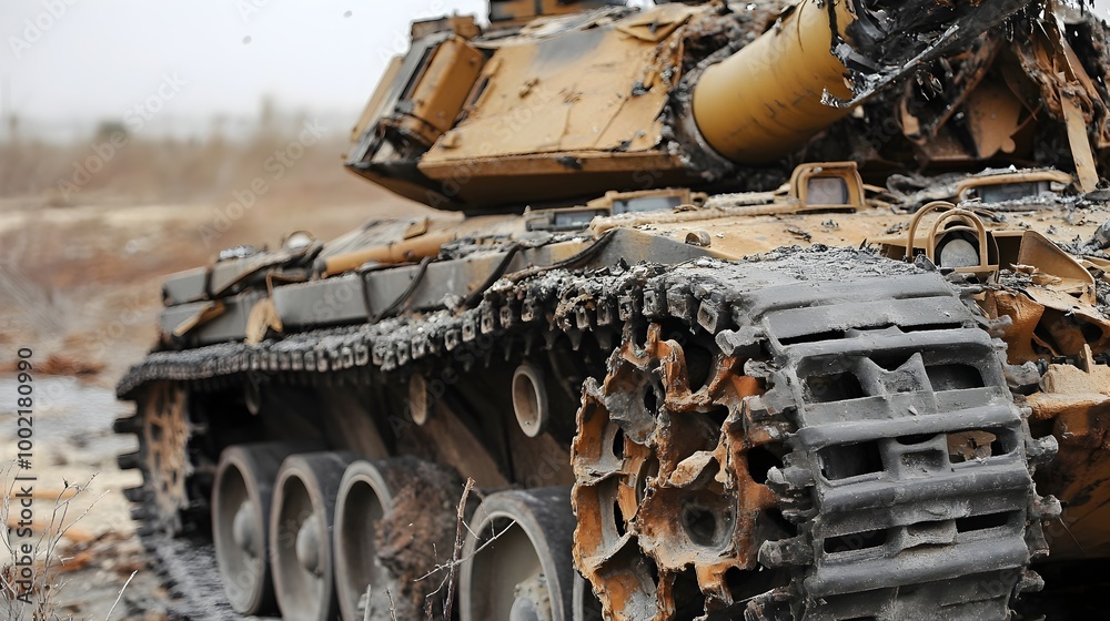 Close up view of a heavily damaged military tank with its tracks blown ...