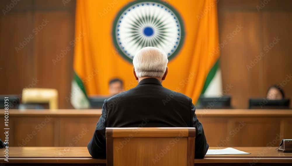 Indian judge seated in a courtroom with the national emblem behind ...