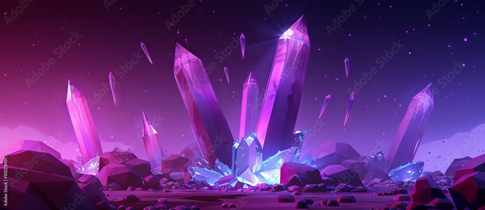 shattered pink crystal towers, floating rocks, purple glow, simple ...