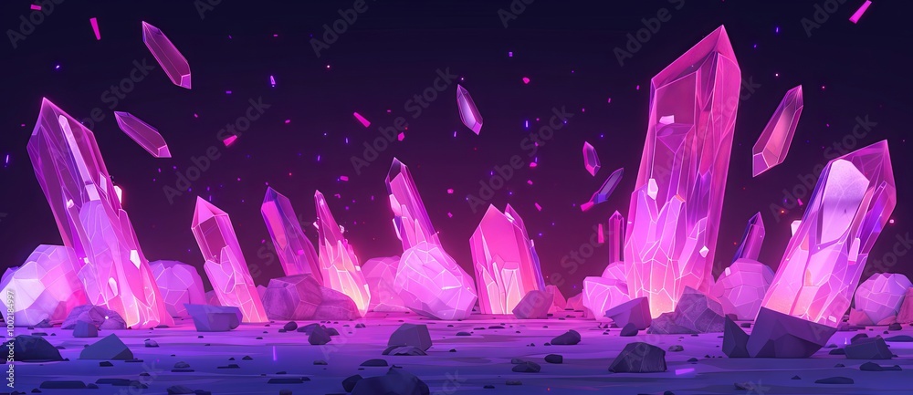 shattered pink crystal towers, floating rocks, purple glow, simple ...
