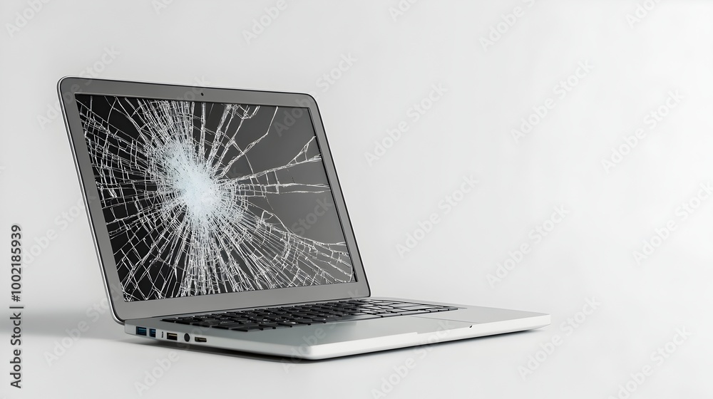 Closeup of a dented and cracked metal laptop with non functioning keys ...