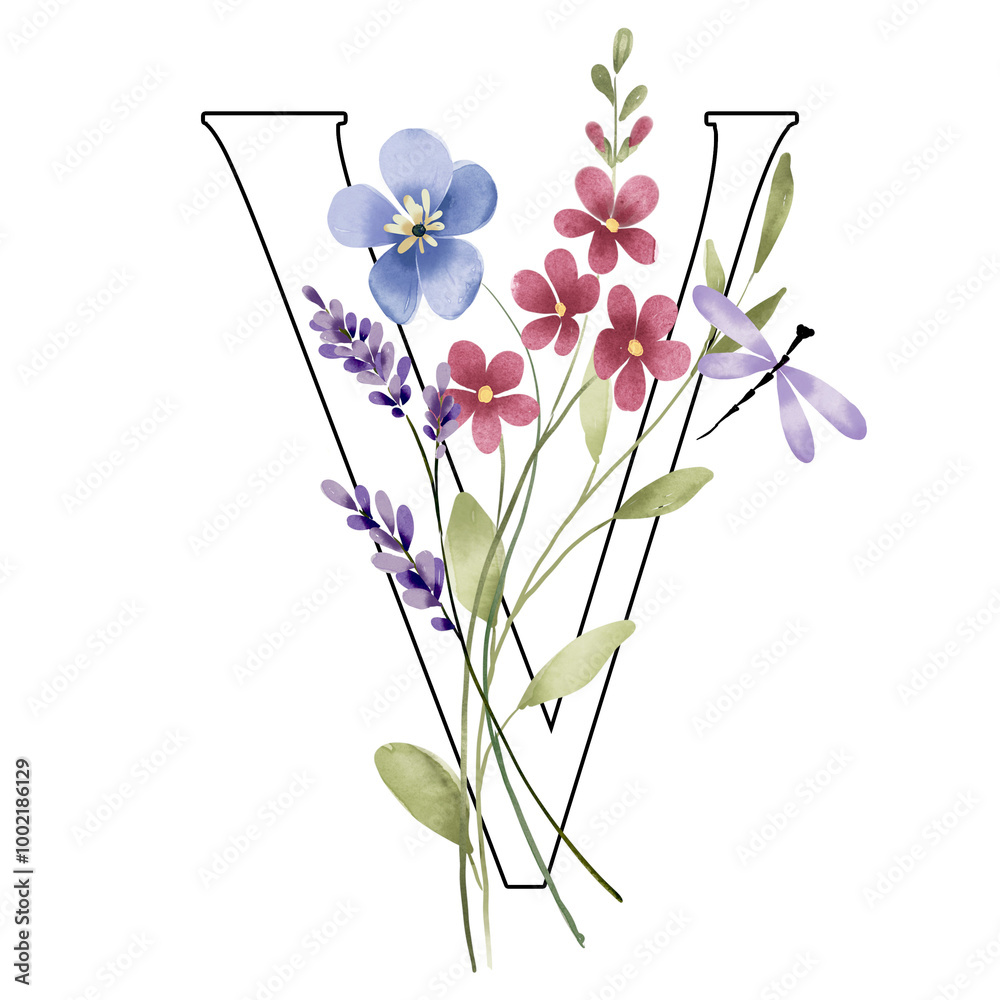 Monogram V, floral letter with watercolor flowers and leaves ...