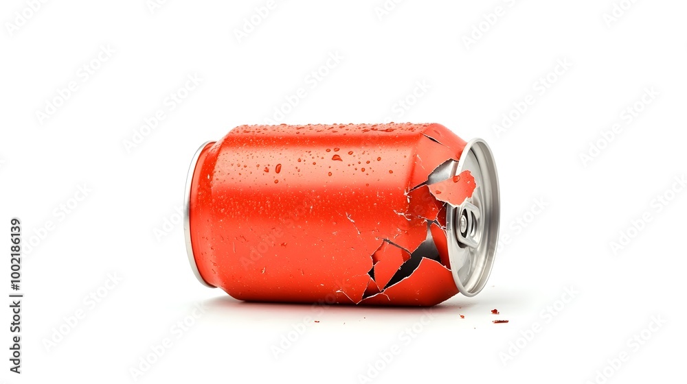 Closeup of a heavily crushed and dented soda can with deep cracks and ...