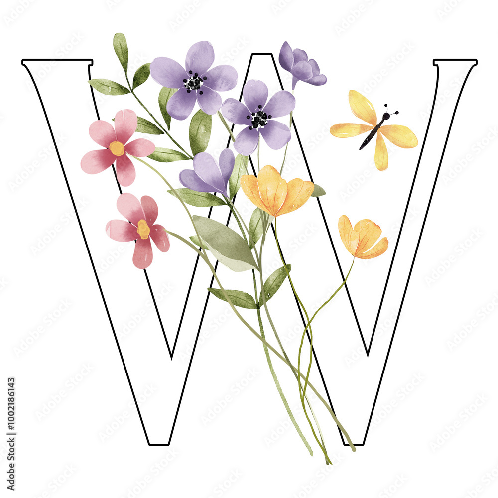 Monogram W, floral letter with watercolor flowers and leaves ...