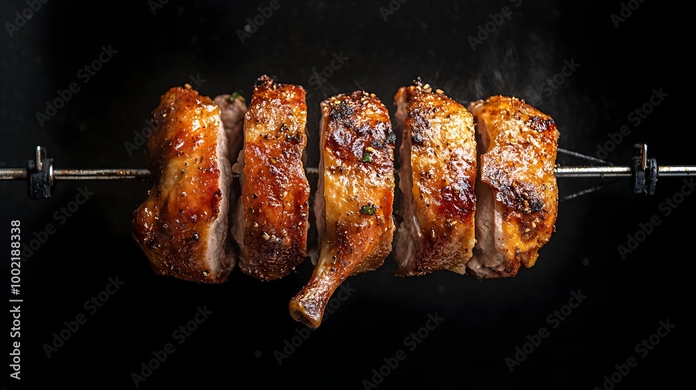 Closeup view of a sizzling roasted duck on a metal spit with its crispy ...