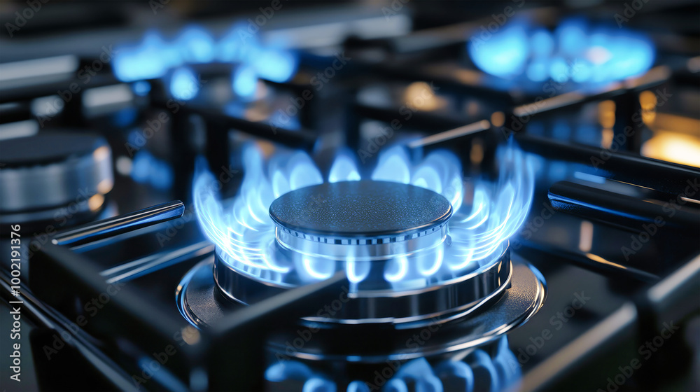 Vivid blue flames flicker elegantly on the modern gas stove ...
