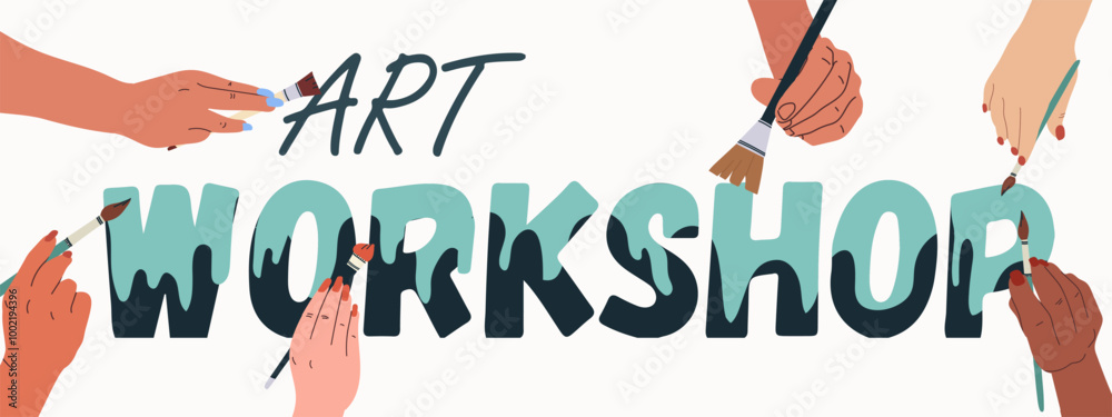 Art Workshop text. Color lettering white and black hands with brushes ...