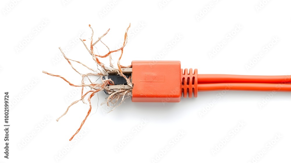 Frayed and tangled extension cord with exposed wiring isolated on a ...