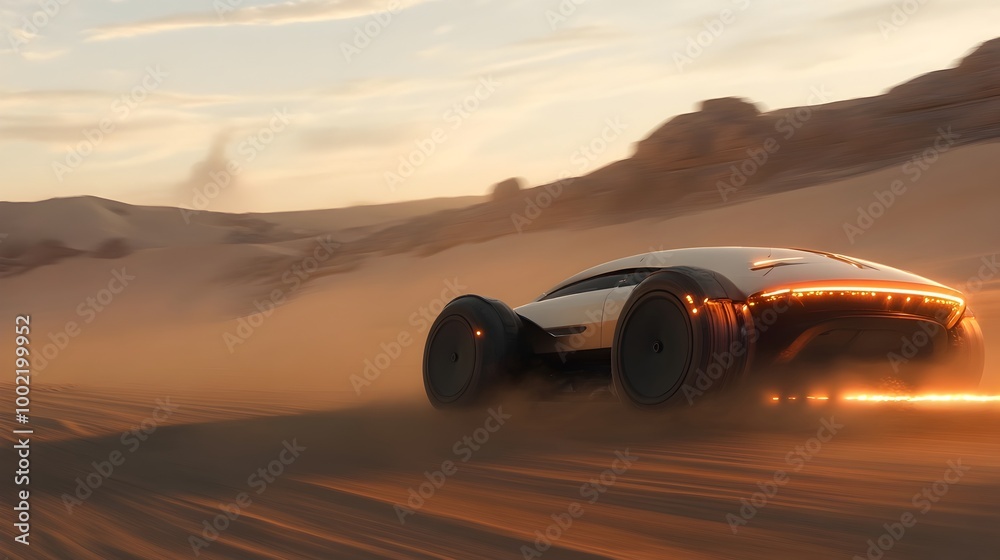 Futuristic car racing at high speed across the desert dunes leaving a ...