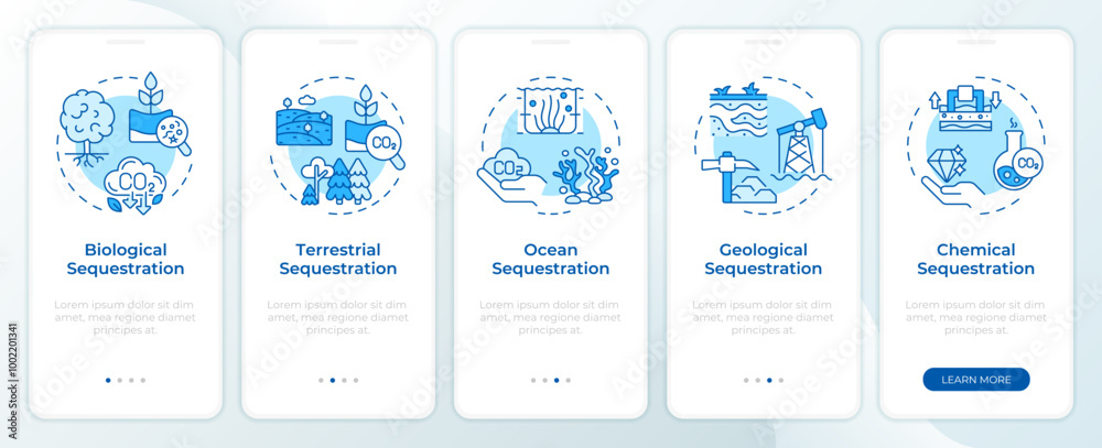 Carbon sequestration types blue onboarding mobile app screen ...