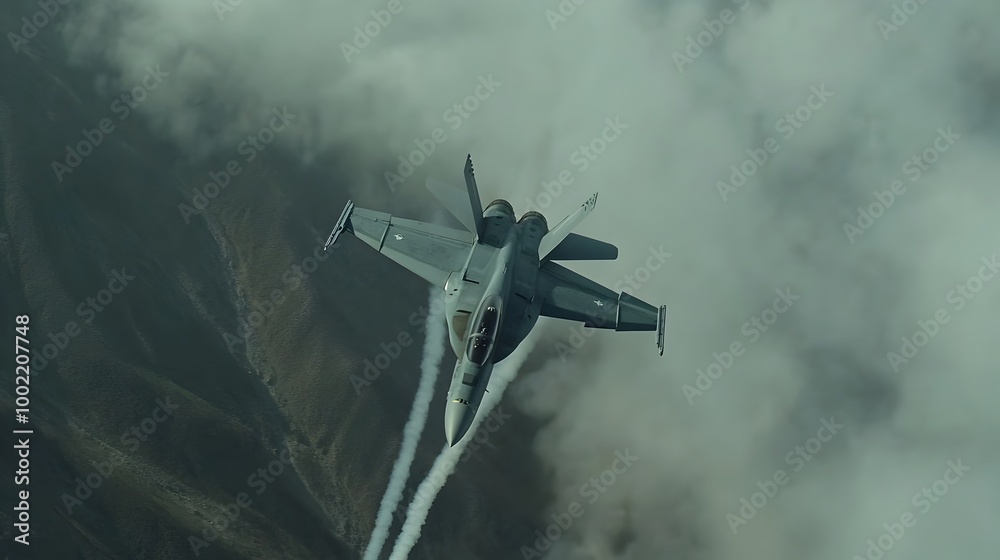 Powerful military fighter jet diving sharply towards the ground leaving ...