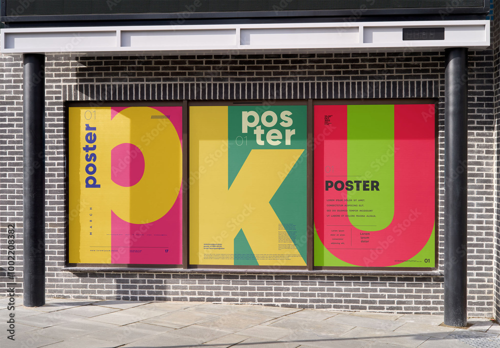 Mockup Of Three Vertical Customizable Posters On Building Stock ...