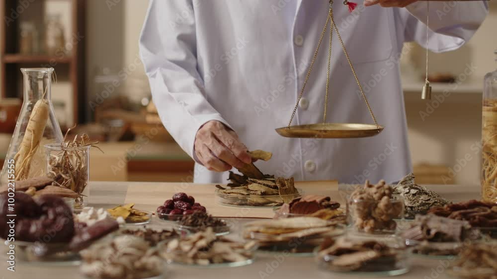 Using a metal traditional balancing scale, the doctor carefully ...