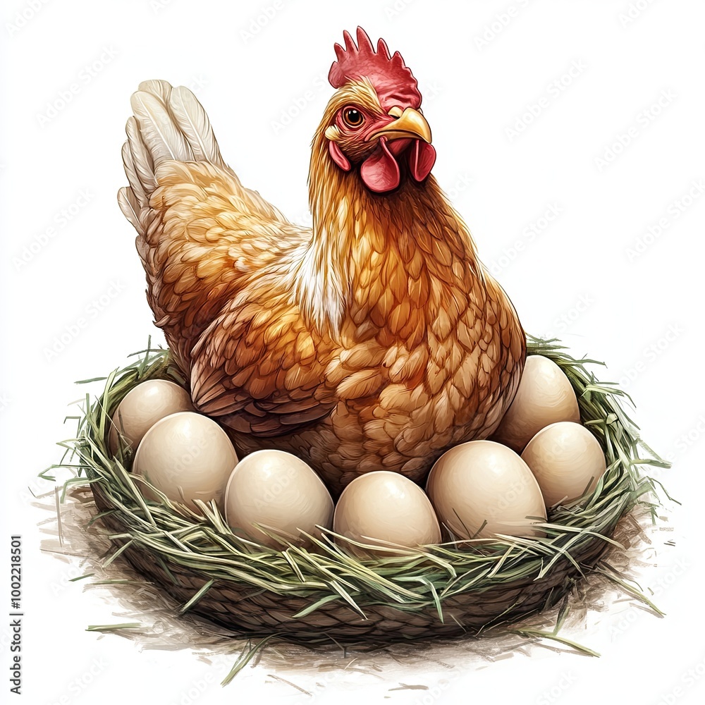 Hen Sitting on Nest with Eggs, Illustration of a hen sitting on a nest ...