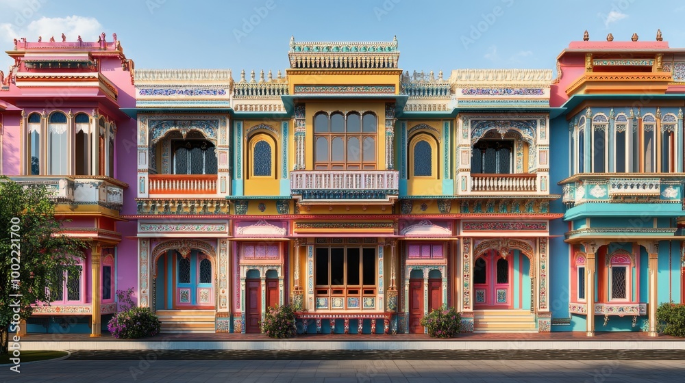 Lively and colorful Indian Haveli exterior, reflecting traditional ...