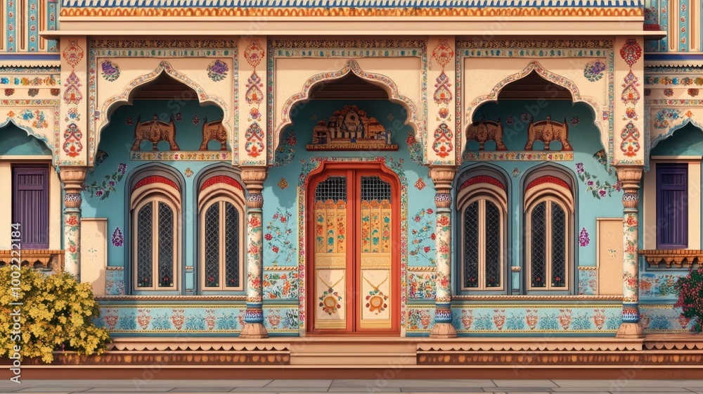 Lively and vibrant Indian Haveli exterior with colorful patterns and ...