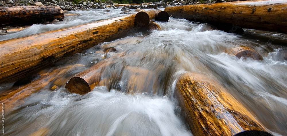 The powerful current of a river carrying logs downstream, carving out ...