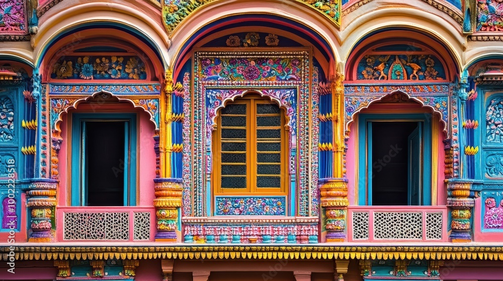 Ornate and colorful exterior of a traditional Indian Haveli ...
