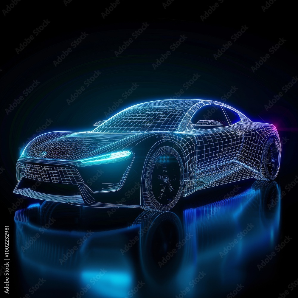 Wireframe hologram of an electric sports car, glowing with blue light ...