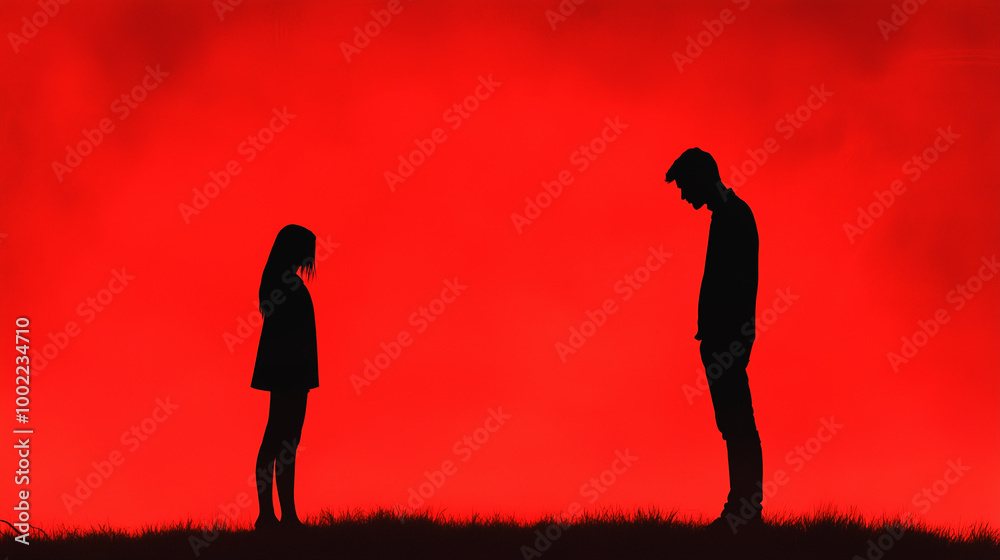 Silhouetted against a dramatic red-orange background, a couple stands ...