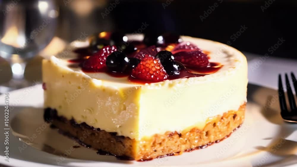 360-degree video of a cheesecake with berry topping, filmed with rim ...