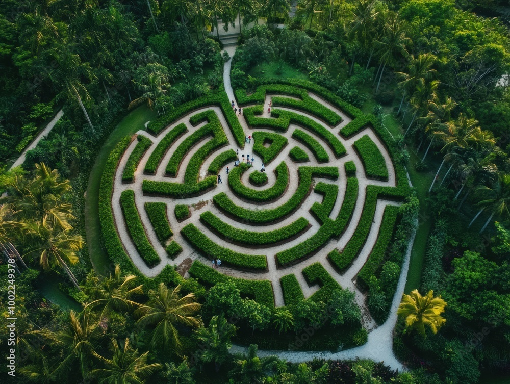 Aerial view of a circular maze surrounded by lush greenery, inviting ...