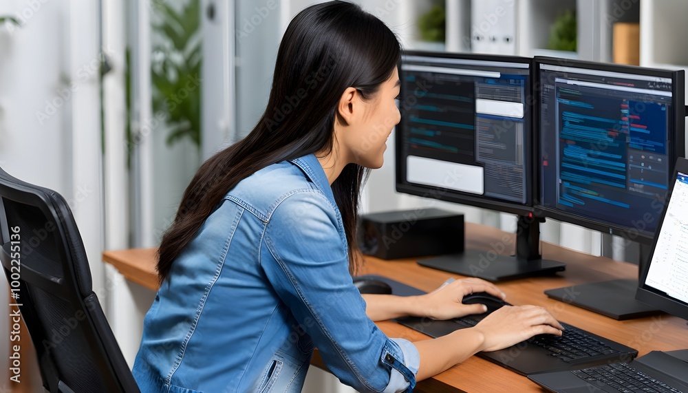 Cheerful young Asian IT developer coding online with laptop, dressed in ...