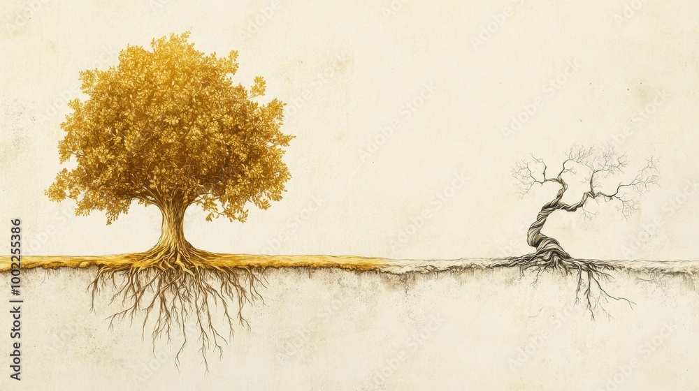 Symbolic Growth and Decay - Vibrant Tree with Deep Roots vs. Failing ...