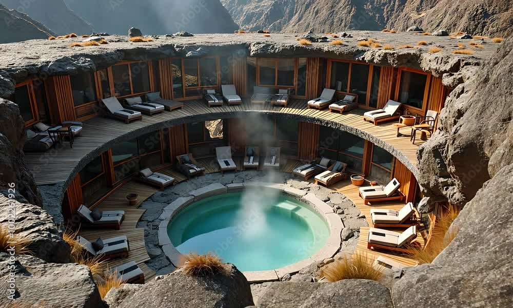 A circular hotel built into a volcanic crater, featuring a natural hot ...