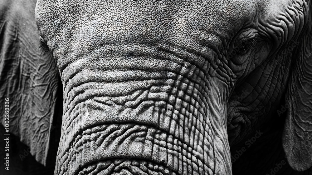 An up-close image of an elephant's face, showcasing its wrinkled skin ...