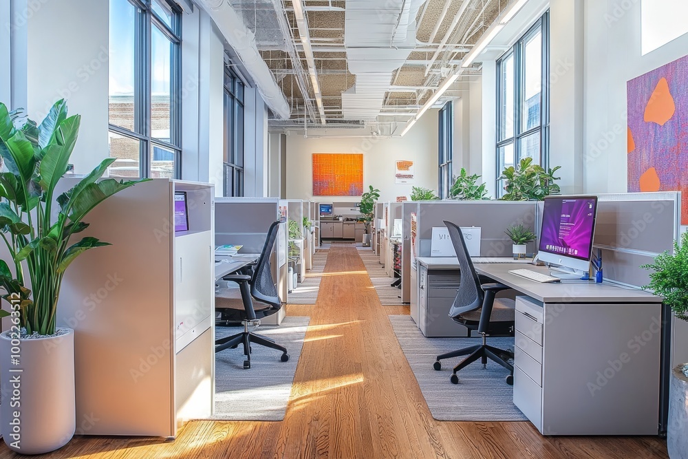 office cubicle space inside a modern, youthful office with bright ...