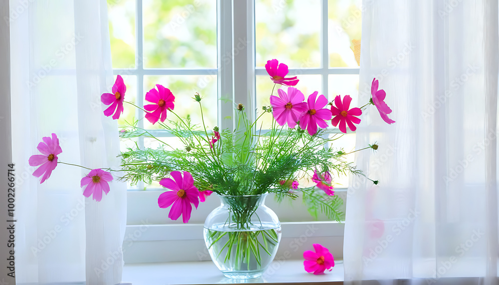 Beautiful display of flowers by the window in a minimal Japanese ...