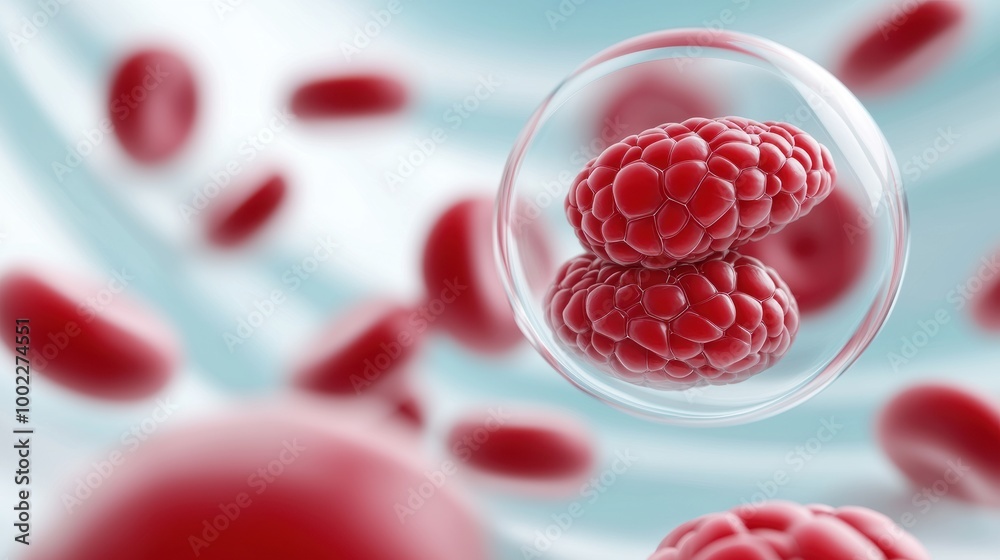 Red blood cells encapsulated in a bubble Close-up view of red blood ...