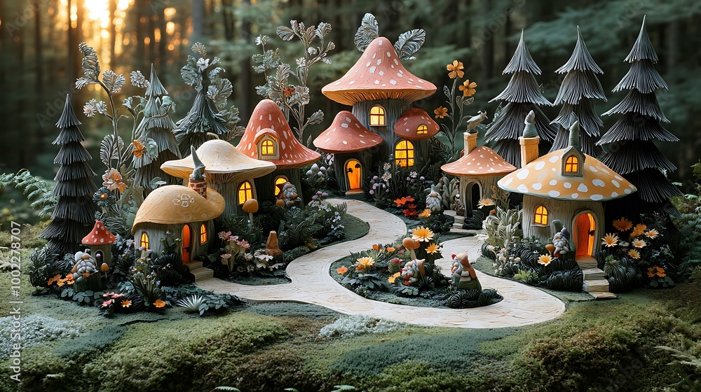 A cheerful gnome village with tiny mushroom houses and winding paths, surrounded by lush forest ...
