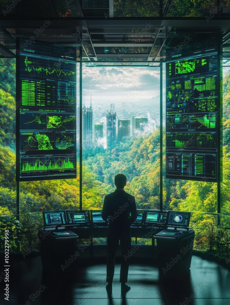 Climate change analyst monitors eco-friendly city data in a high-tech ...