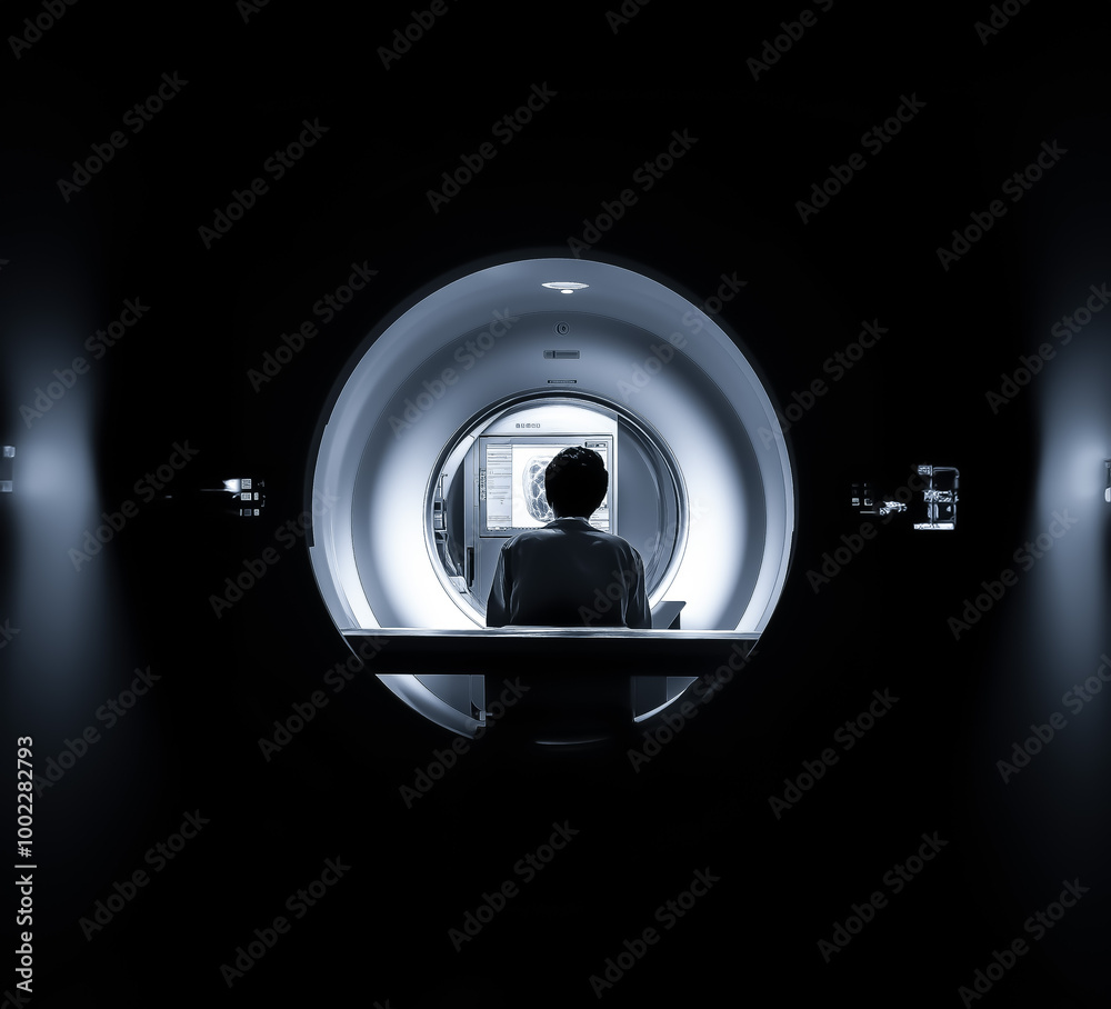 View through the circular opening of a modern CT scan machine in a ...