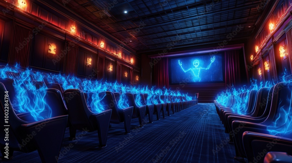 Haunted movie theater where glowing spirits float in the aisles, and ...