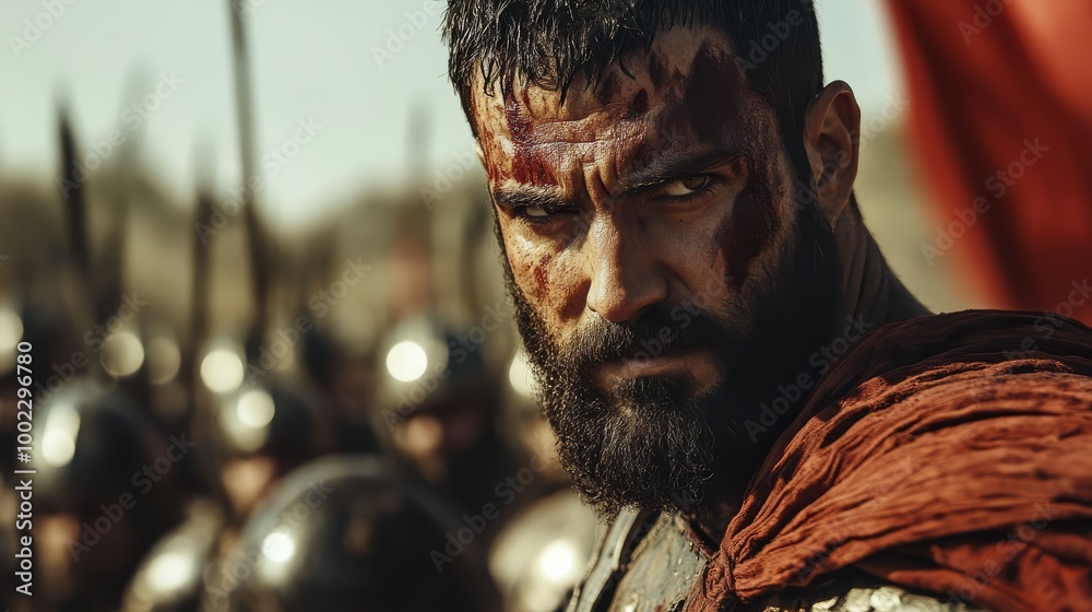 Fierce warrior with a scarred face and intense gaze, stands with ...