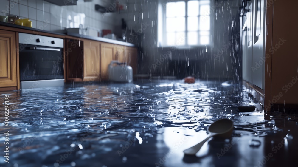 Flooded kitchen with water spilling over the floor, sunlight through ...