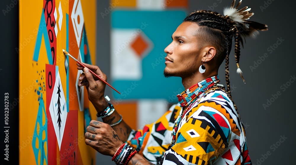 An indigenous artist paints a colorful tribal design with focus and ...